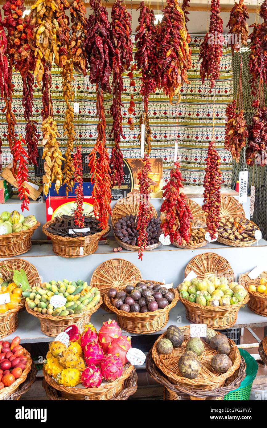 Colourful fruit and dried peppers display, Mercado dos Lavradores ...