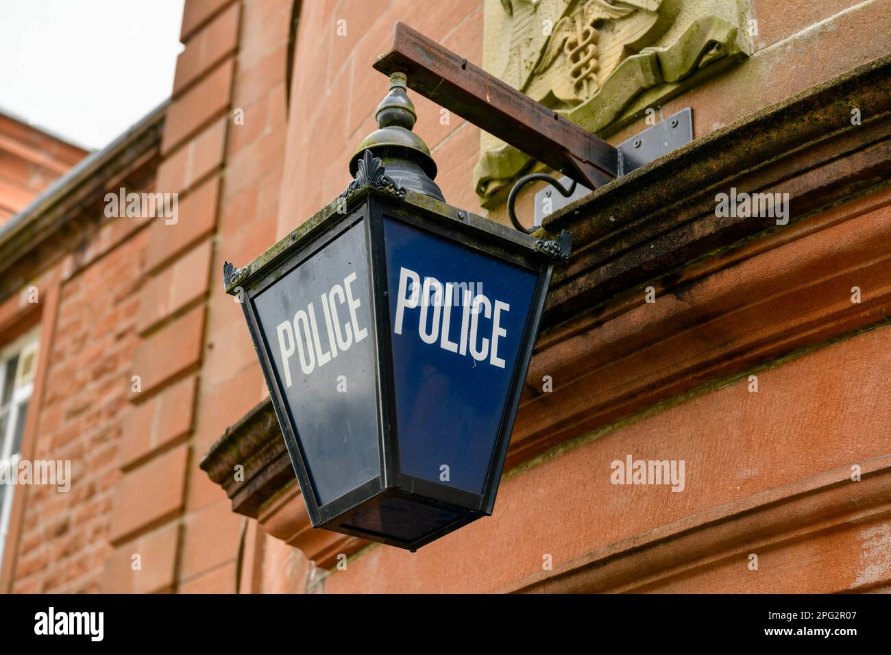 Blue Police lamp outside Cumbria Police Headquarters, Carleton hall ...