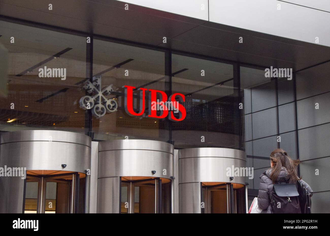 London, UK. 20th March 2023. Exterior view of UBS UK offices in the ...