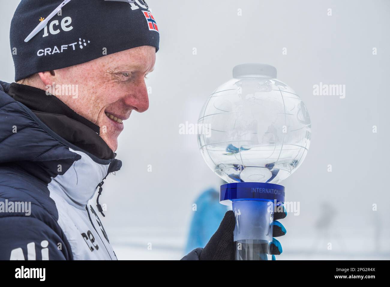 Norwegian athlete Johannes Thingnes Boe receiving a big crystal globe ...