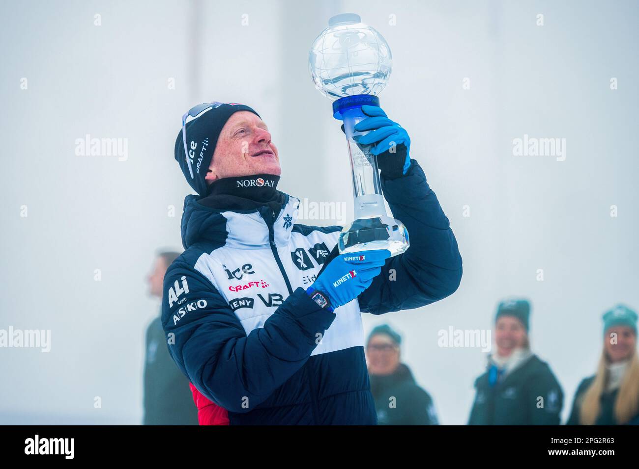 Norwegian athlete Johannes Thingnes Boe receiving a big crystal globe ...