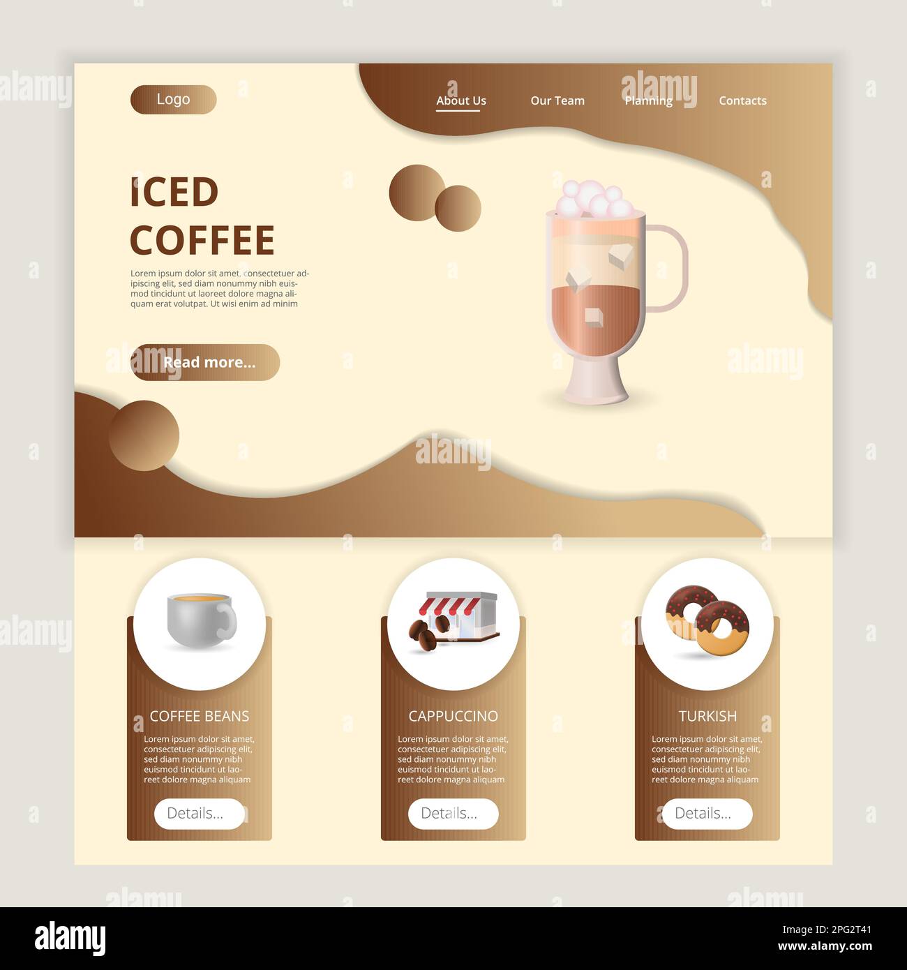 Iced coffee flat landing page website template. Coffee beans ...