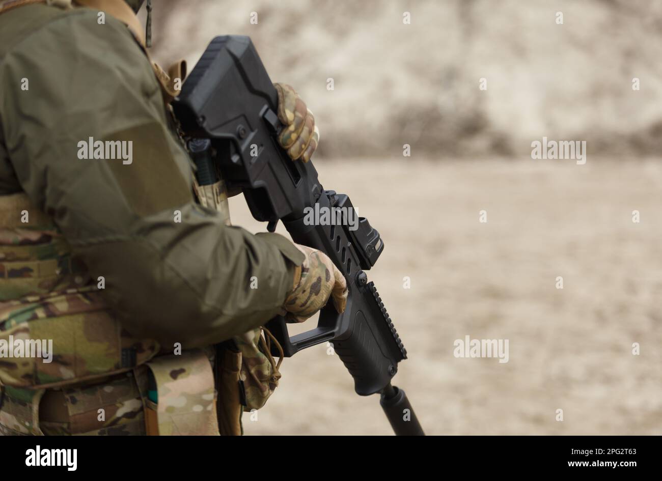 Ukrainian soldier equipped with modern bullpup assault rifle training ...