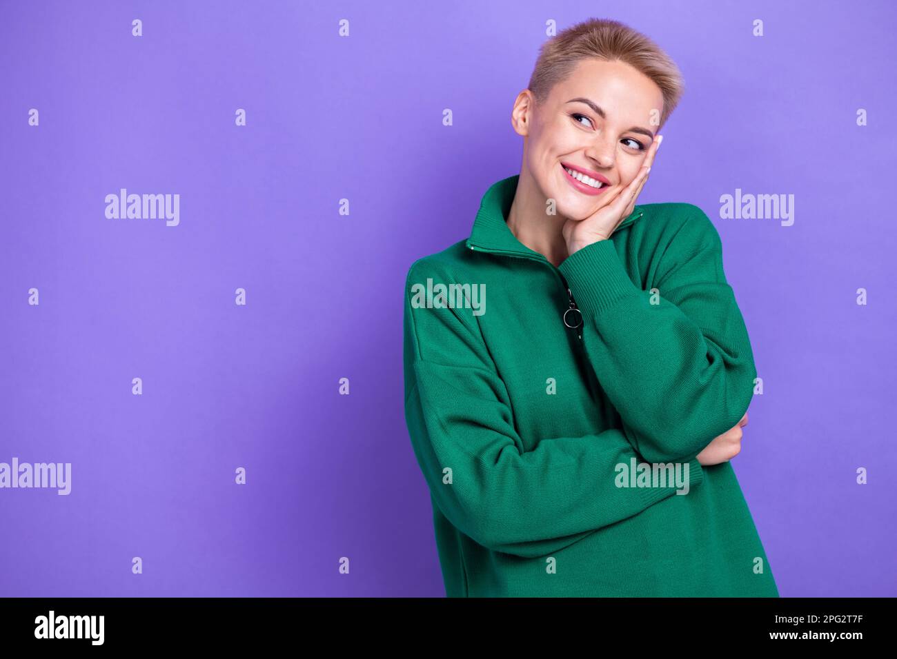 Photo of charming satisfied lovely lady touch cheeks short blonde hair ...