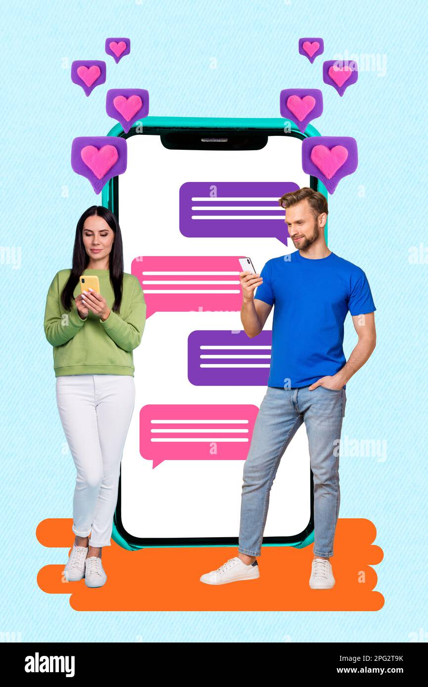 Vertical collage of two lovers hold smartphones use dating application ...