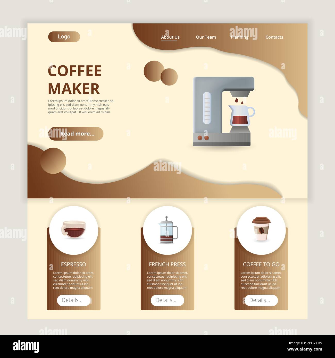Coffee maker flat landing page website template. Espresso, french press, coffee to go. Web ...