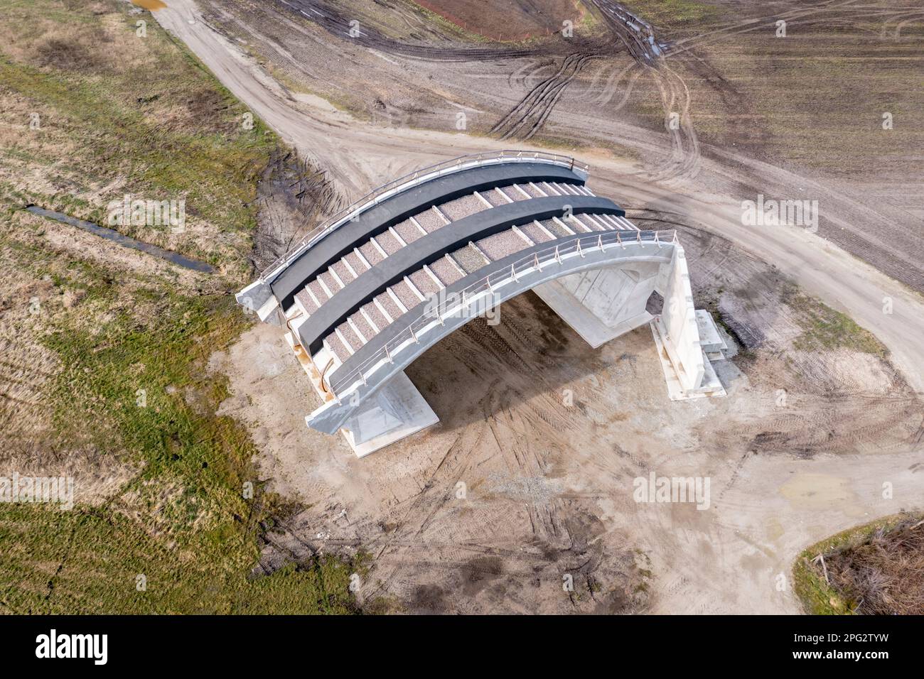 Aerial view of construction site, new bridge is build as part of bypass ...