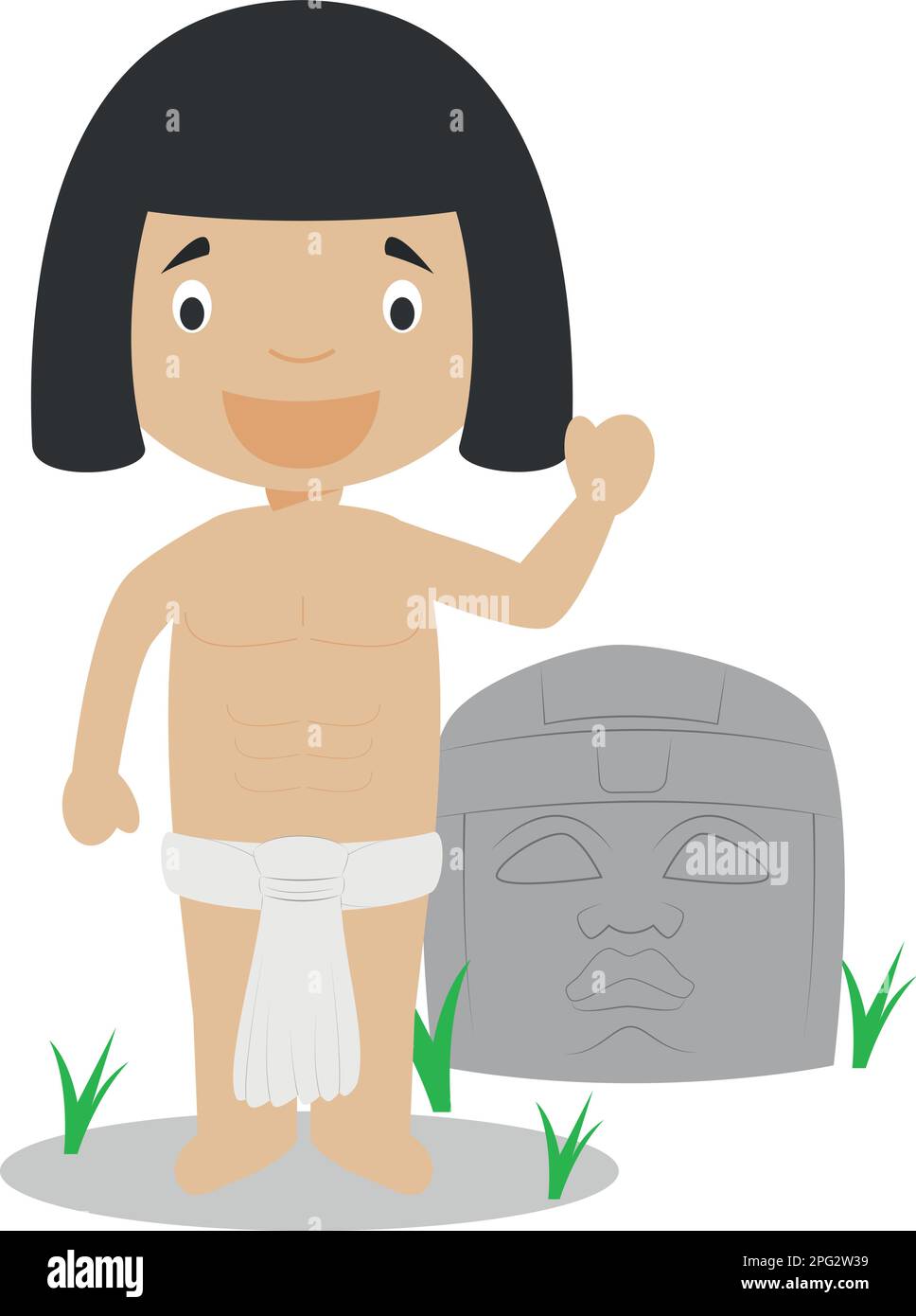 Olmec cartoon character with typical sacred sculpture. Vector ...