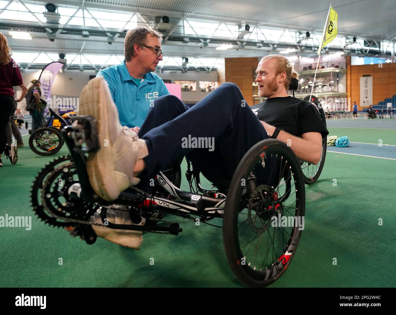 Paralympic gold medallist Jonnie Peacock on a recumbent bike in an ...