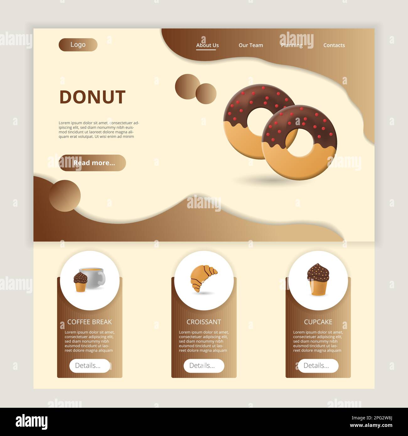 Donut flat landing page website template. Coffee break, croissant ...