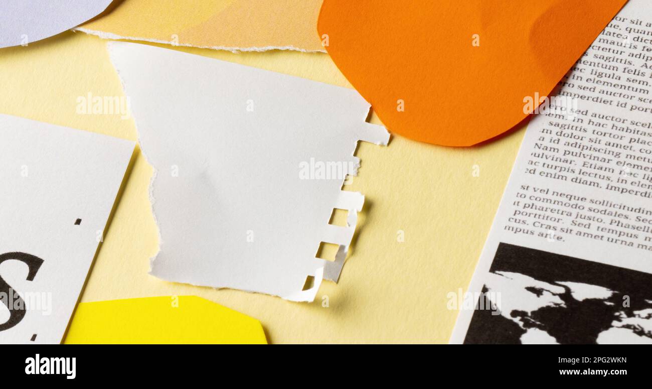 Image of pieces of paper and newspaper over yellow Stock Photo - Alamy