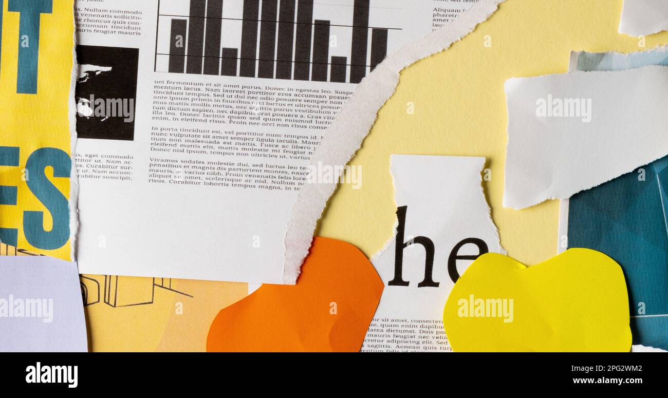 Image of pieces of paper and newspaper over yellow Stock Photo - Alamy