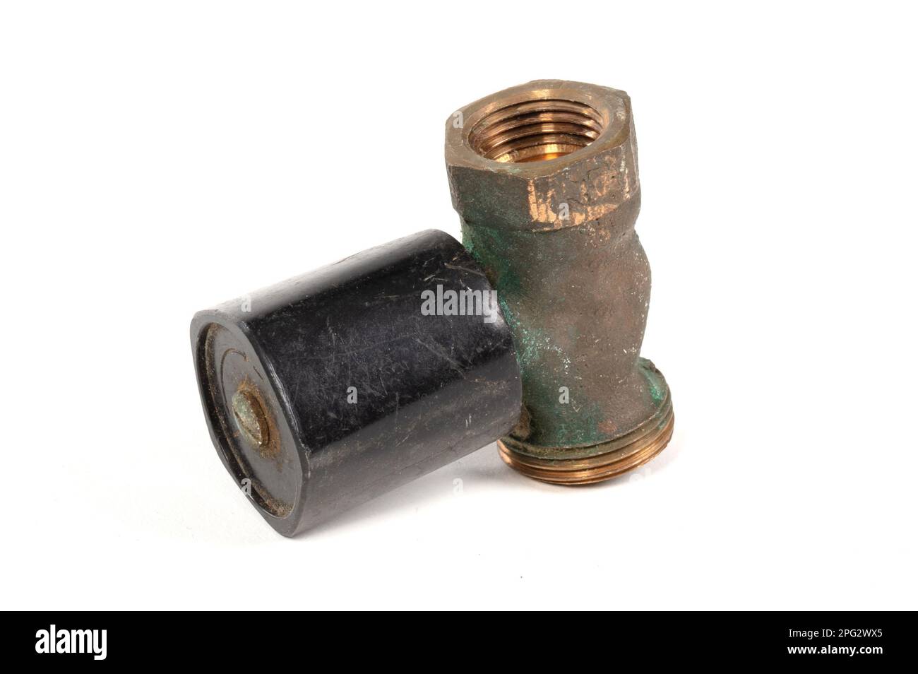 Brass fitting for plumbing pipes, old radiator knob, isolated on white ...