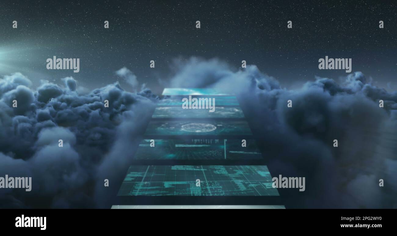 Composition of data processing on screens over clouds Stock Photo - Alamy