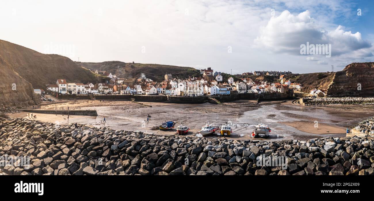 STAITHES, NORTH YORKSHIRE, UK - MARCH 11, 2023. An aerial landscape ...