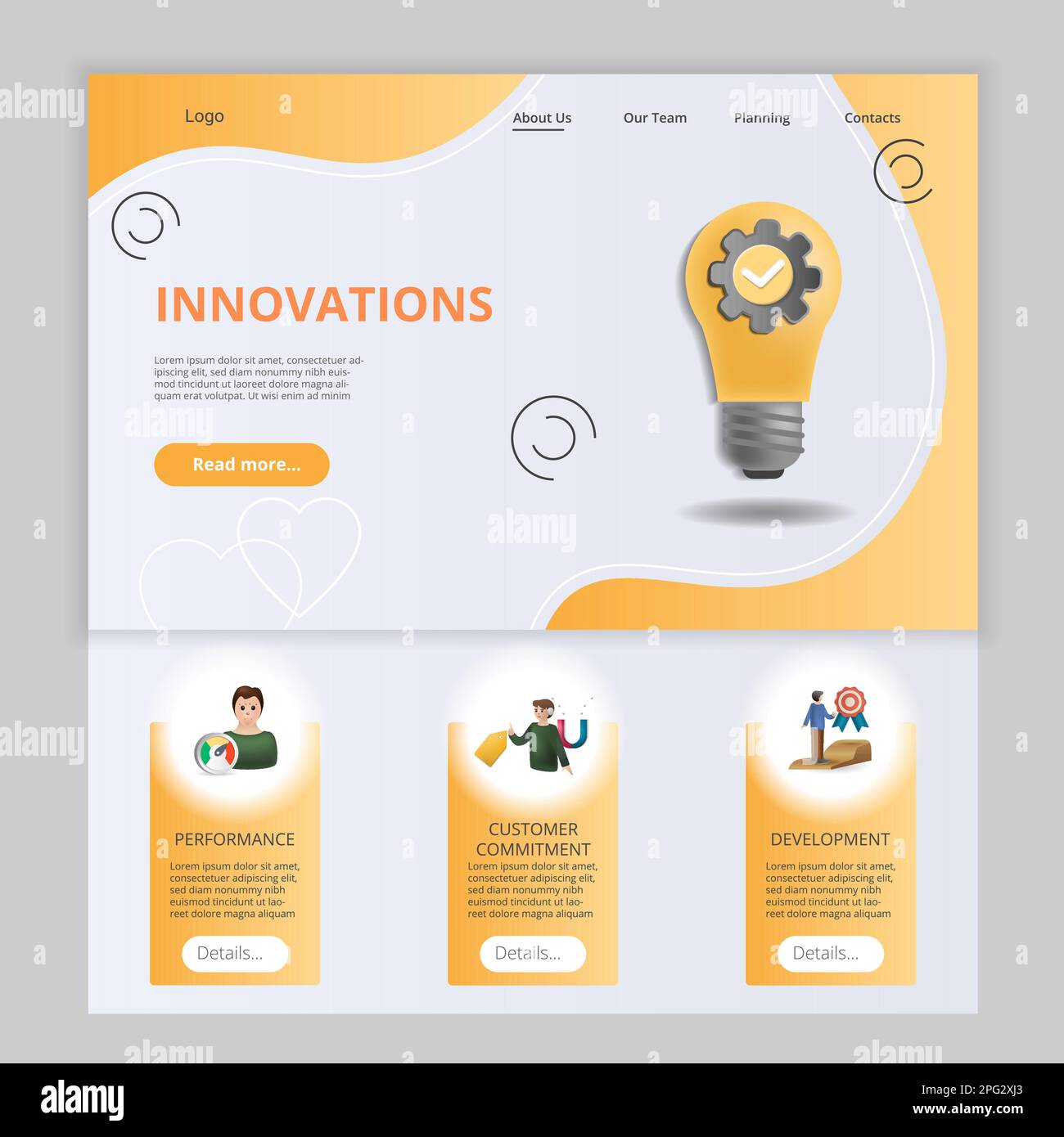 Innovations flat landing page website template. Performance, customer ...