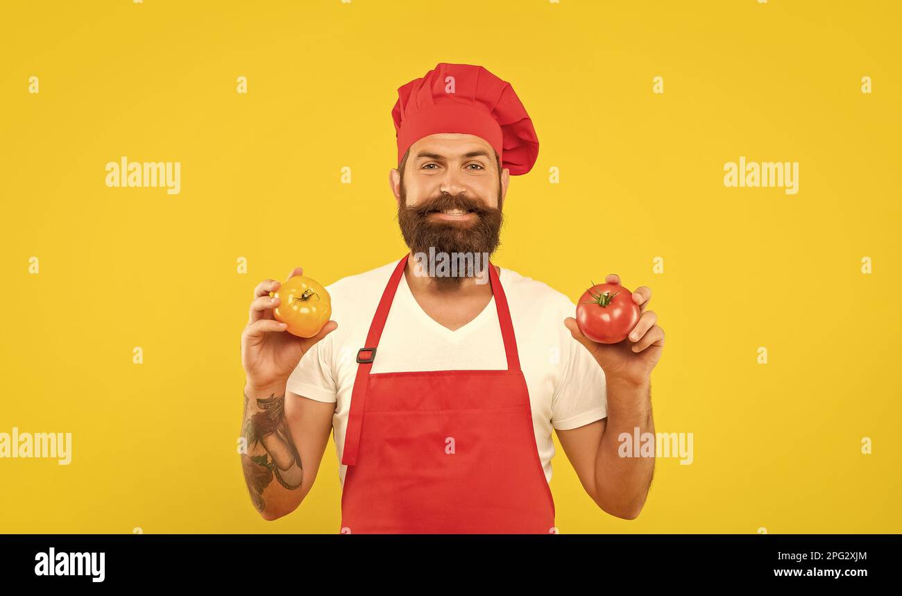 Happy man in apron and toque holding red and yellow tomatoes yellow ...