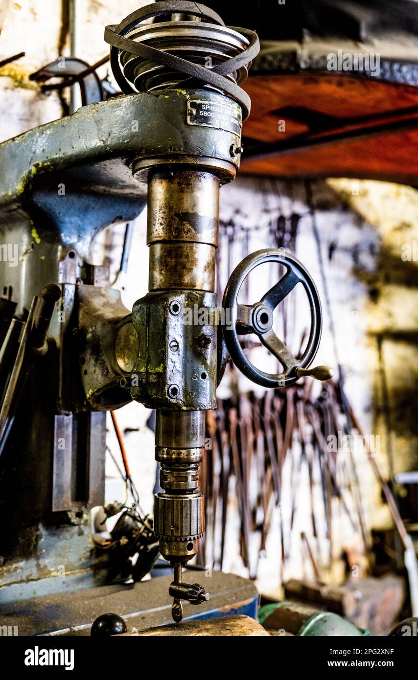 Mounted steam powered drill machinery at Combe Mill, Oxfordshire Stock ...