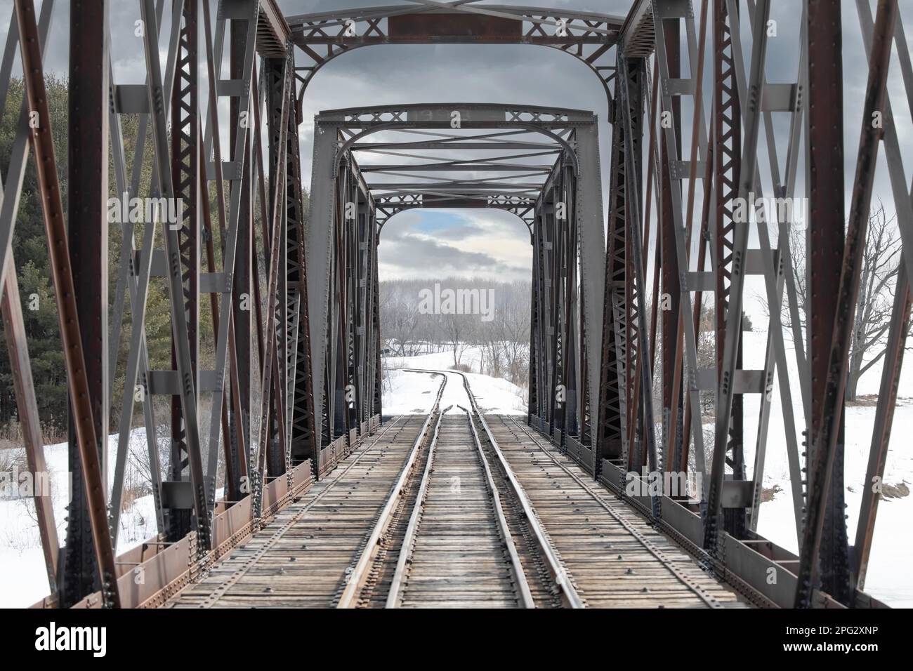 Double span riveted railway truss bridge built in 1893 crossing the ...