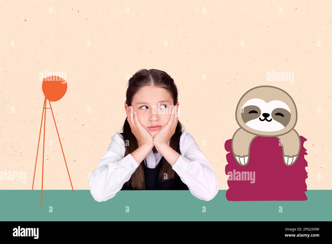 Creative collage image of sad bored lazy girl hands touch cheeks ...