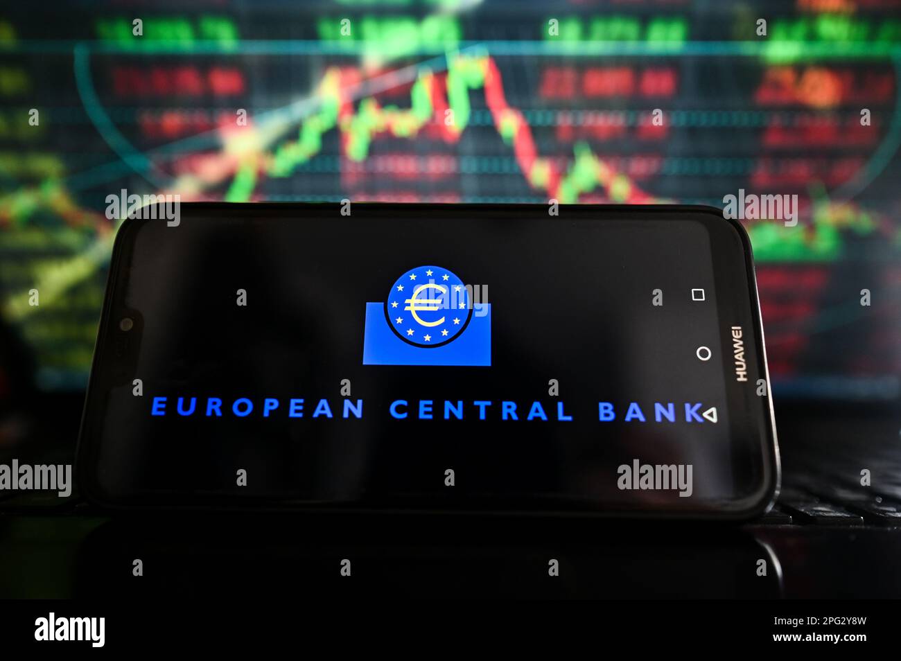 Poland. 20th Mar, 2023. In this photo illustration, an European Central Bank logo is displayed ...
