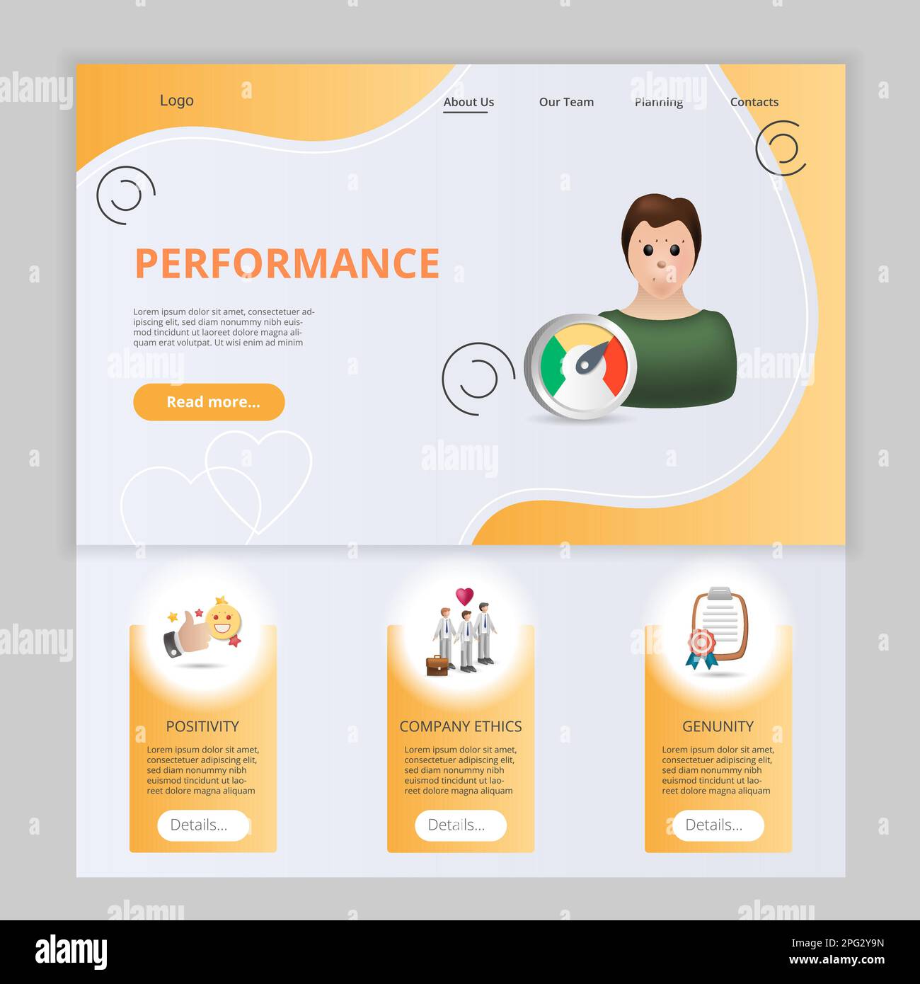 Performance flat landing page website template. Positivity, company ...