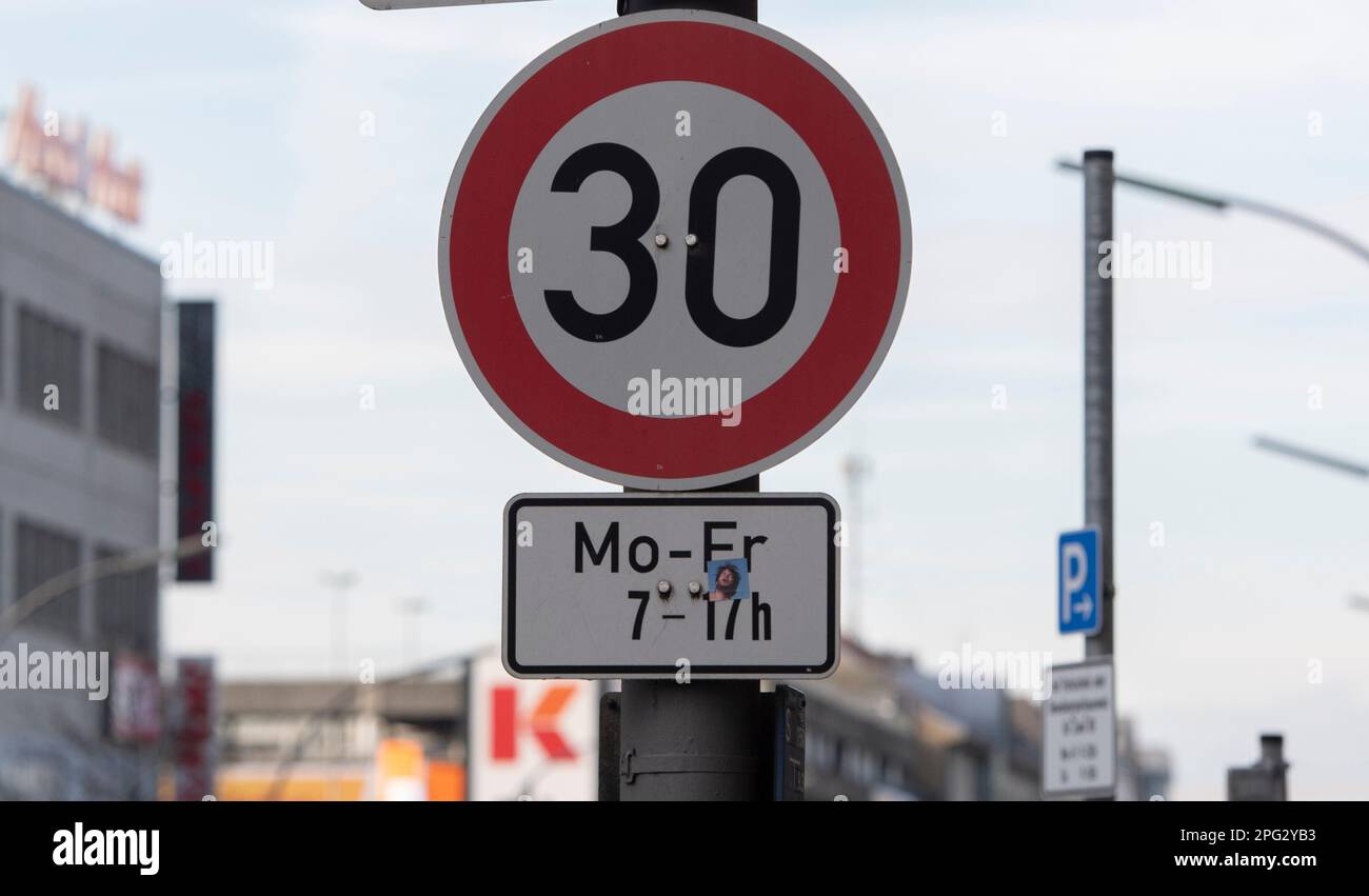Berlin, Germany. 18th Mar, 2023. A 30 speed limit sign with an ...
