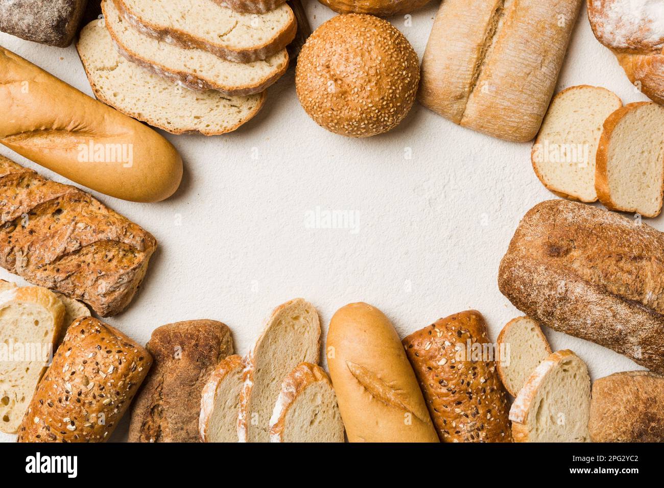 Homemade natural breads. Different kinds of fresh bread as background ...