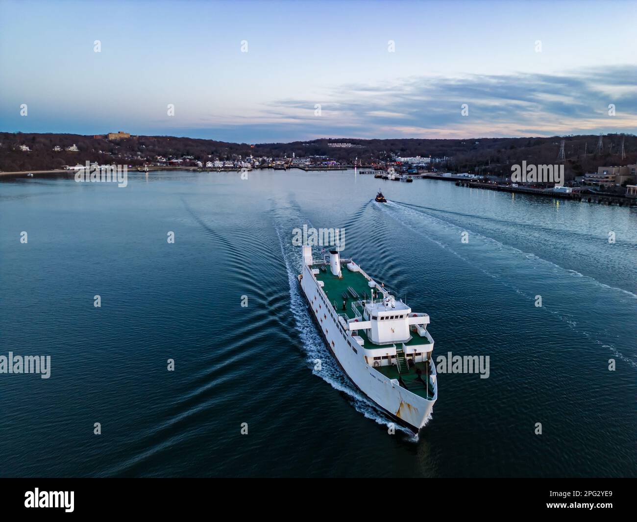 An aerial view of the Bridgeport and Port Jefferson ferry leaving for ...