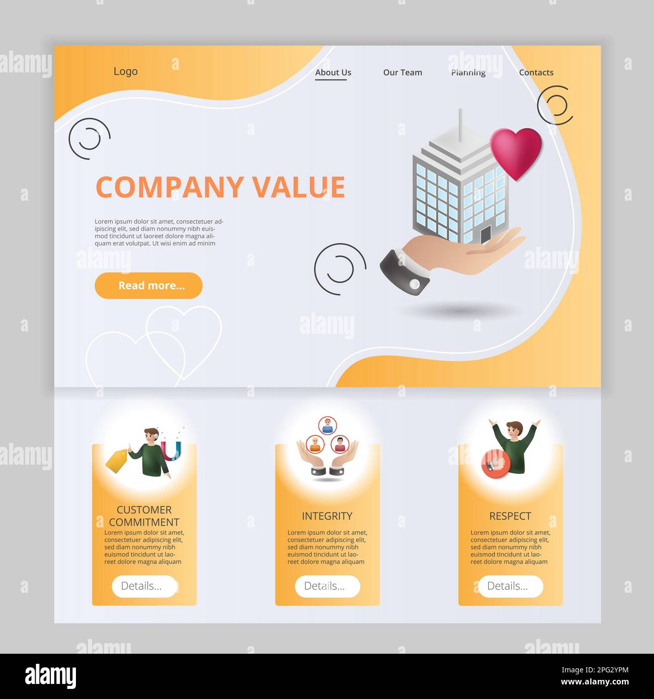 Company value flat landing page website template. Customer commitment, integrity, respect. Web ...