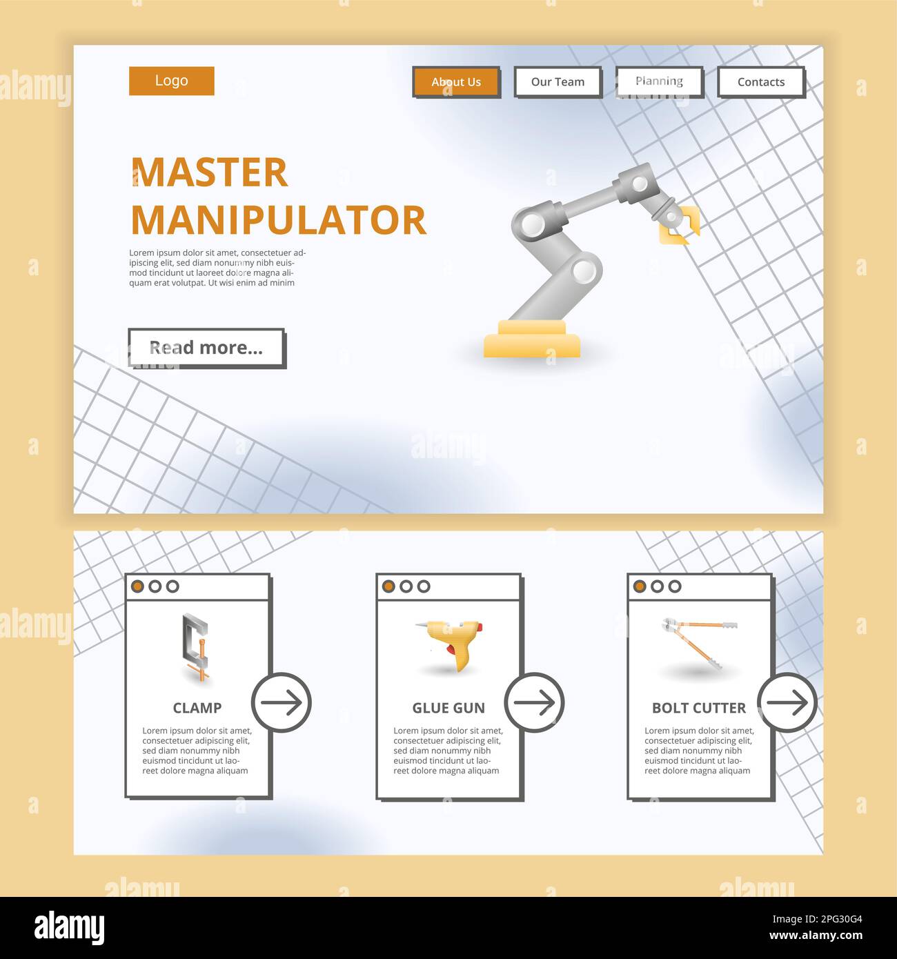 Master manipulator flat landing page website template. Clamp, glue gun ...