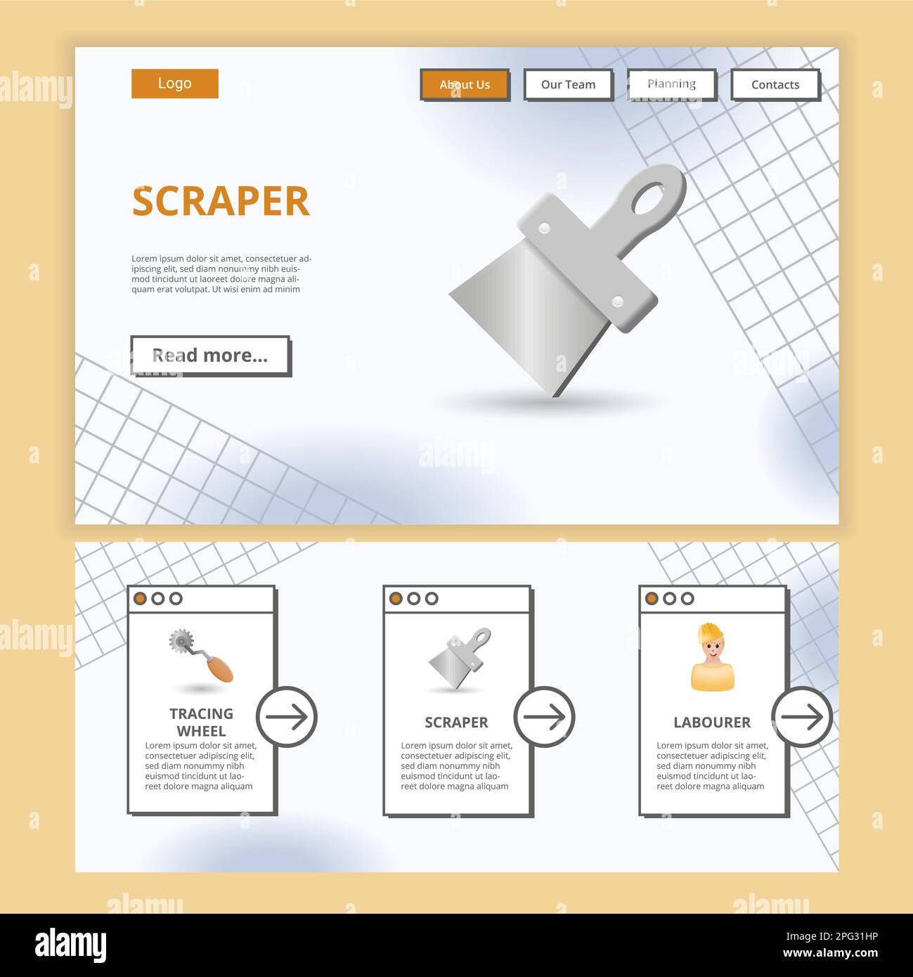 Scraper flat landing page website template. Tracing wheel, scraper ...