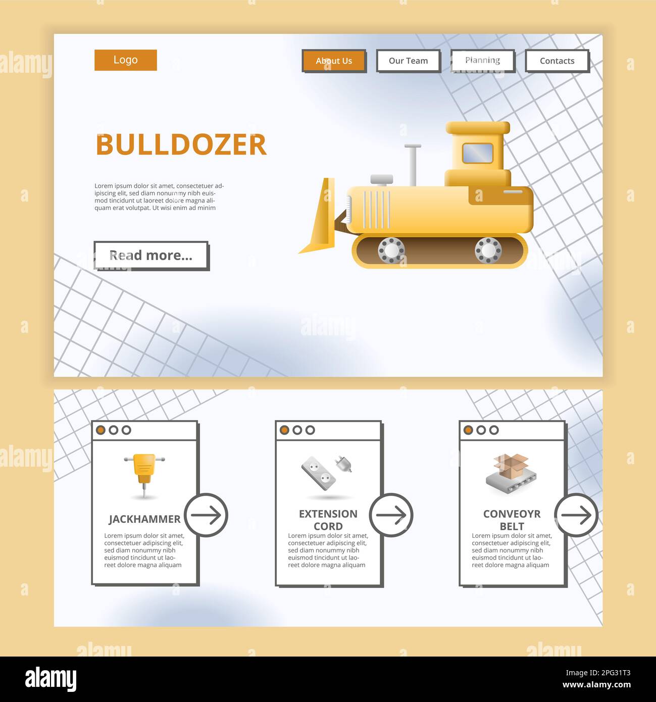 Bulldozer flat landing page website template. Jackhammer, extension ...