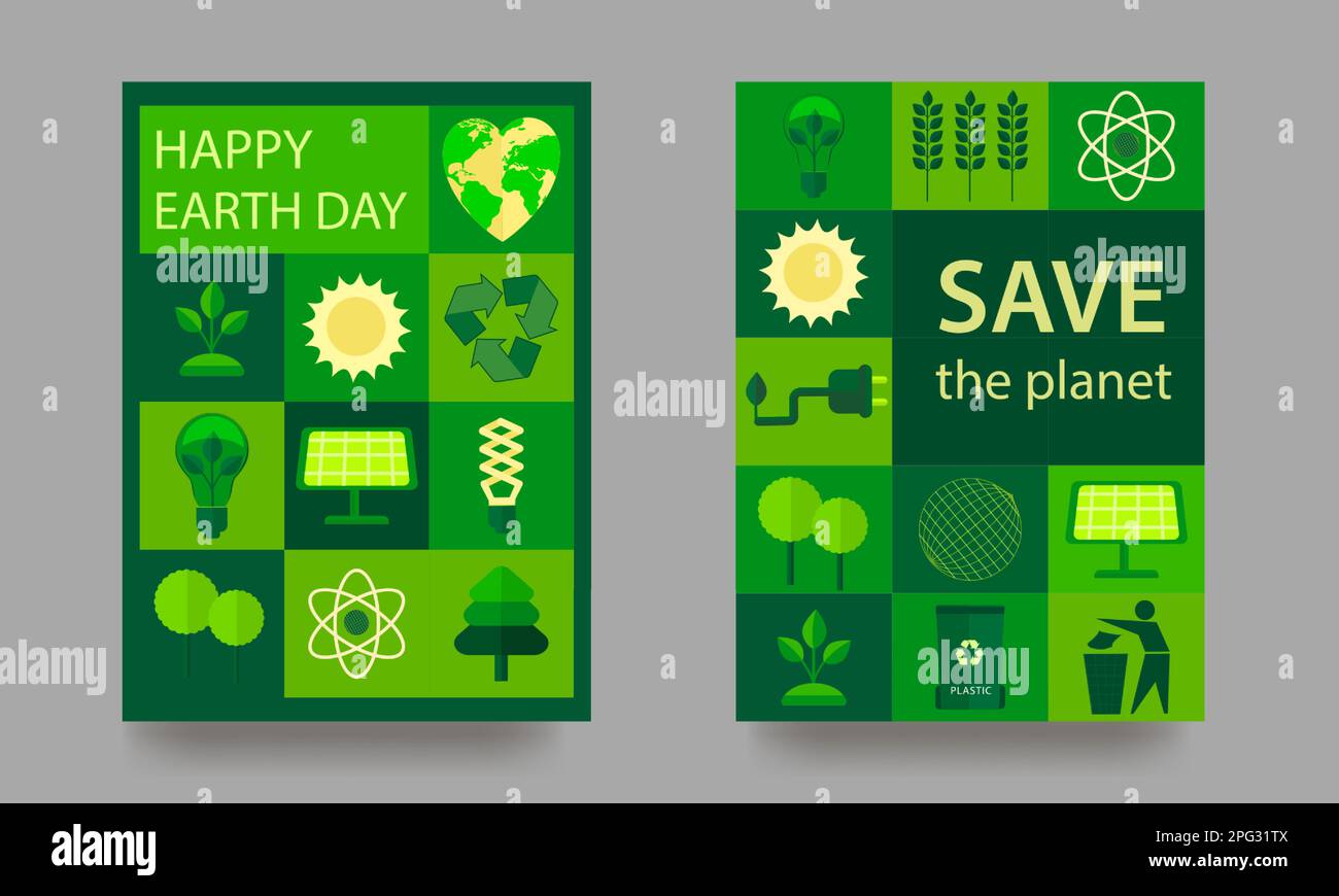 Poster set. Happy earth day. 22 April. Let s save the Earth. Icons with ...
