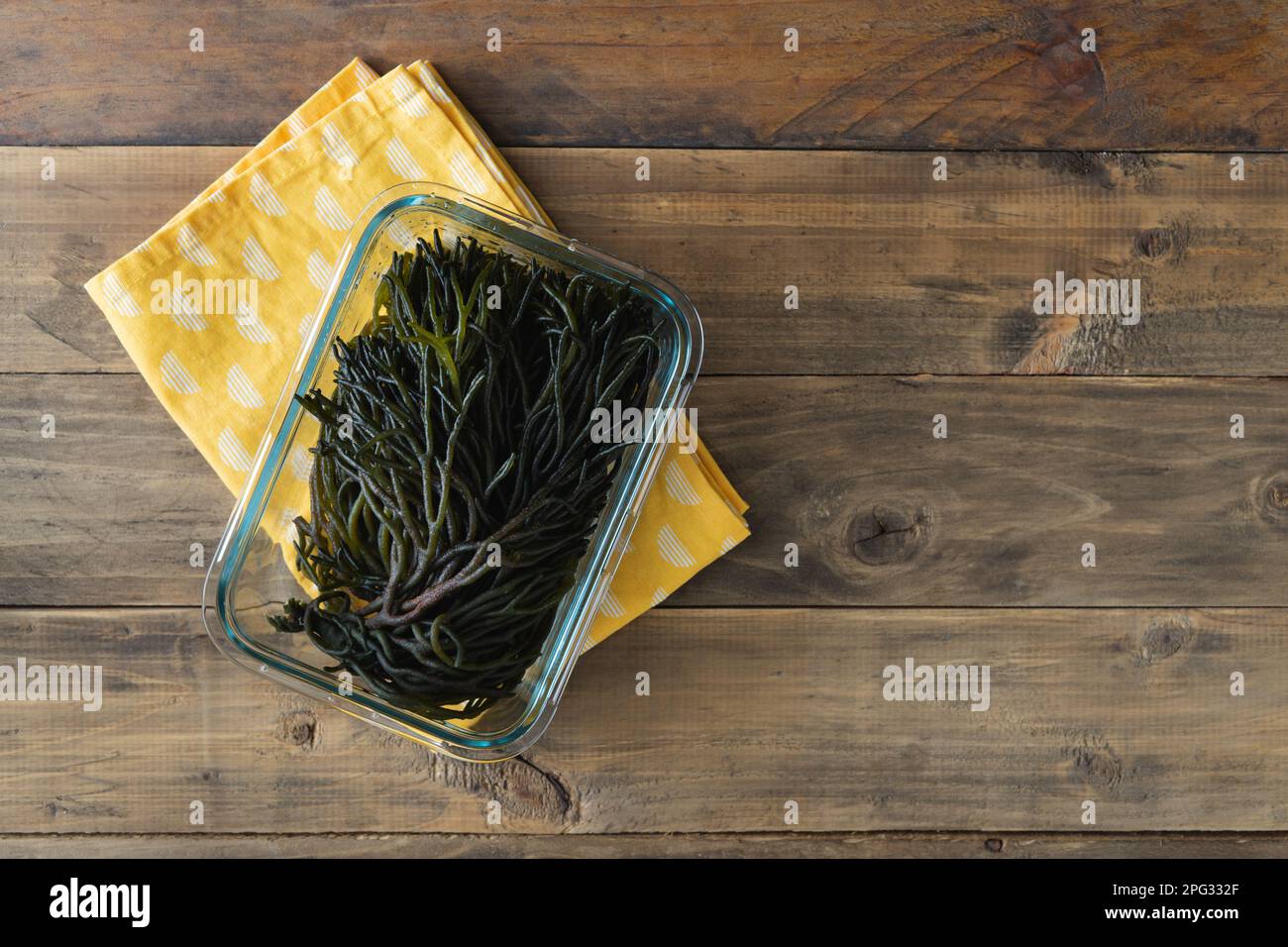Codium fragile. Green algae in glass bowl on wooden background. Copy ...