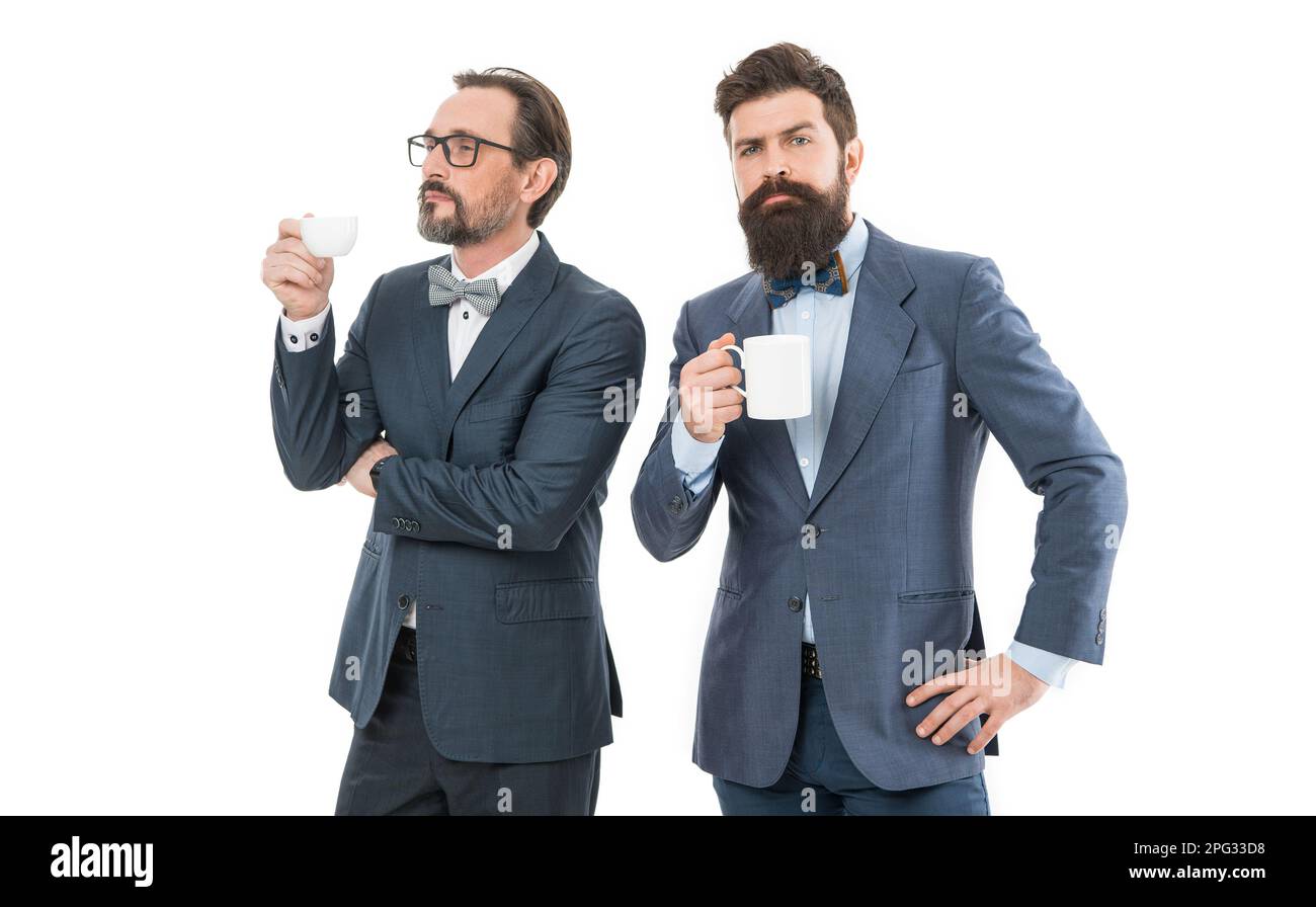 Inspiring drink. Men bearded guys relaxing coffee break business ...