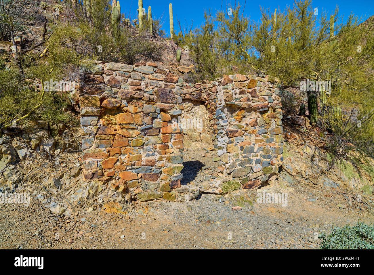 Ruined stone structure along Gould Mine Trail in Saguaro National Park ...