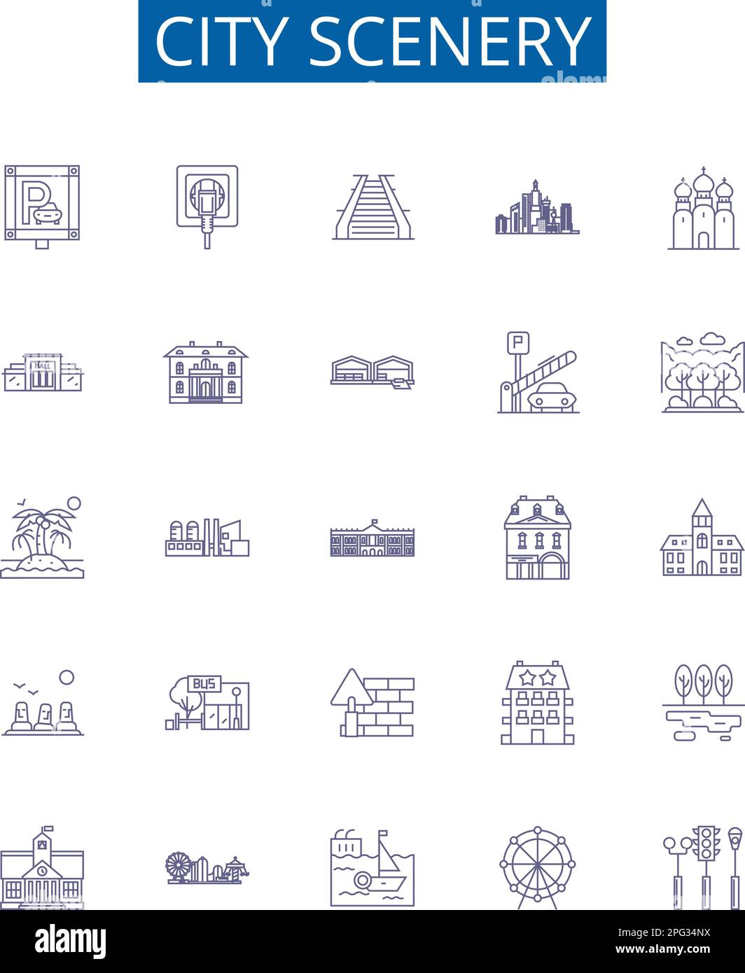 City scenery line icons signs set. Design collection of Urban ...