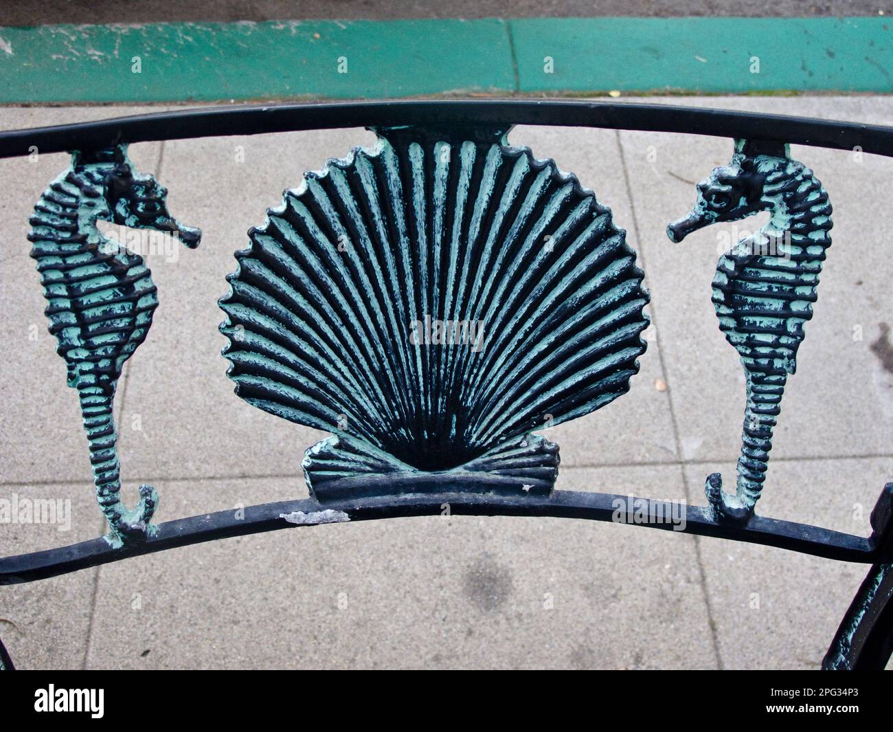 Detail of bench with shell and seahorses, La Jolla Stock Photo - Alamy