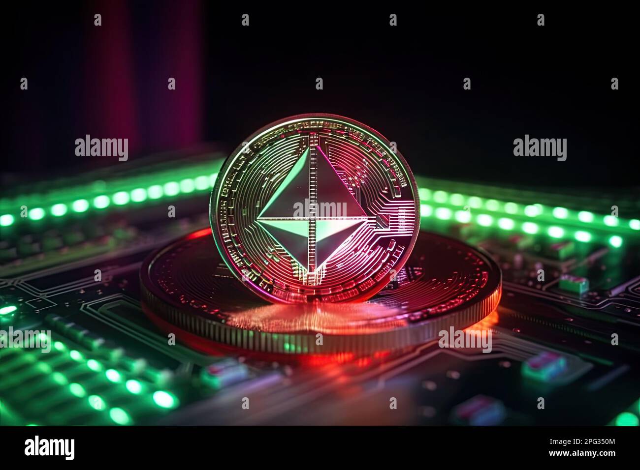 Ethereum coin digitally against an advanced technological background, with glowing red and green ...