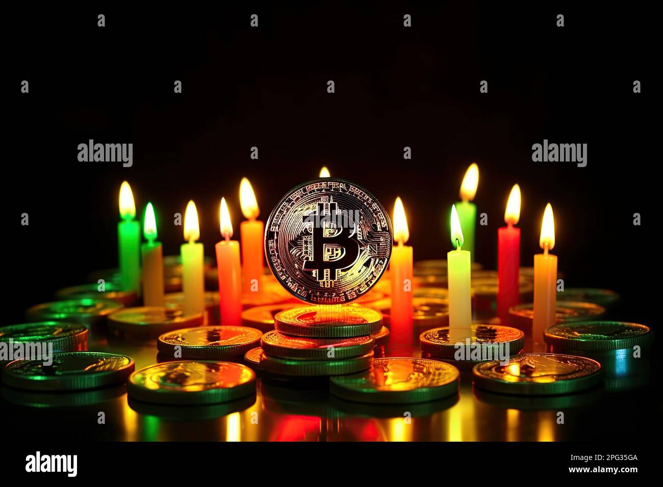 A golden Bitcoin sits on a futuristic electronic candlestick charts ...