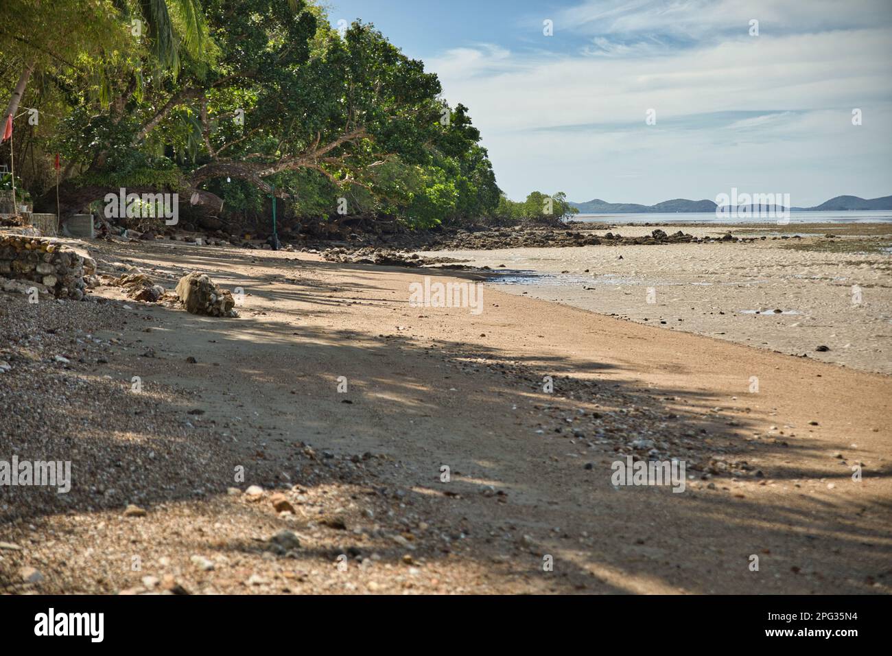 Wide sandy beach in Coron, Philippines, with palm trees and other trees ...