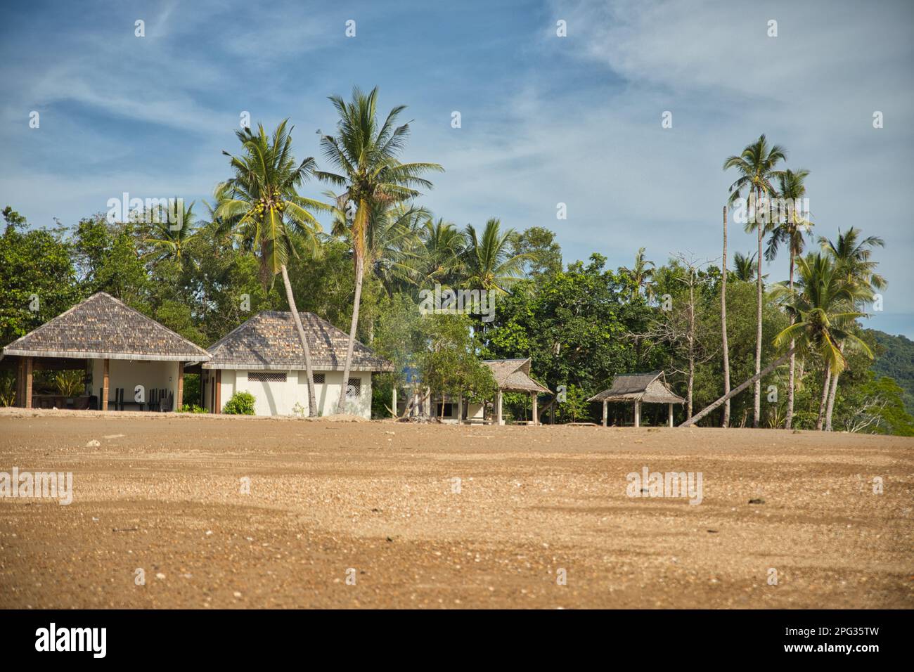 Idyllic wide sandy beach in Coron, Philippines with palm trees and huts ...