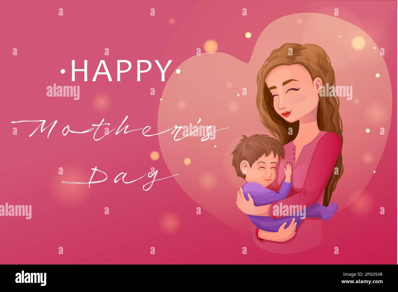Happy Mothers day greeting with woman holding child smiling in heart ...
