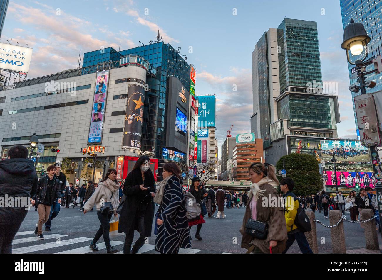 Tokyo, Japan - January 9, 2020. Exterior of the busy streets of Tokyo ...