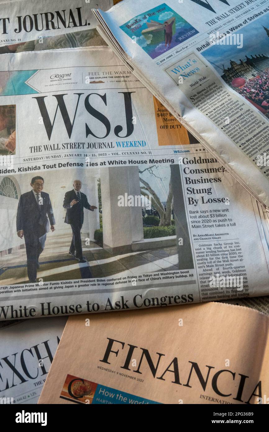 Still life of assorted "Wall Street Journal" and "Financial Times ...