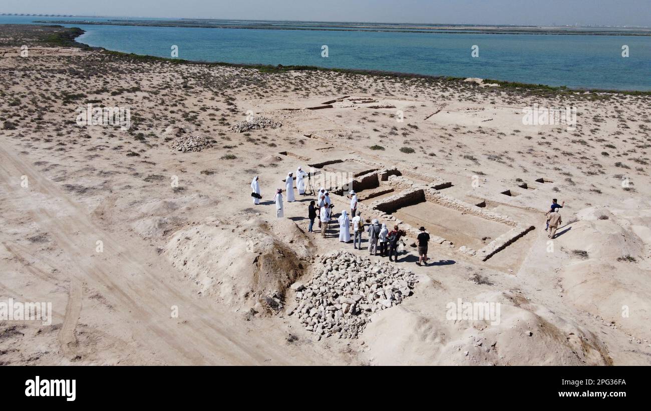 This photo captured by a drone shows ruins on Siniyah Island in Umm al ...