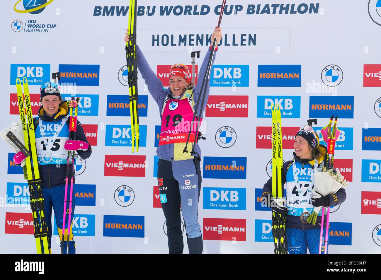 Oslo 20230318.The podium (L-R) Swedish Hanna Öberg 2nd place, German ...
