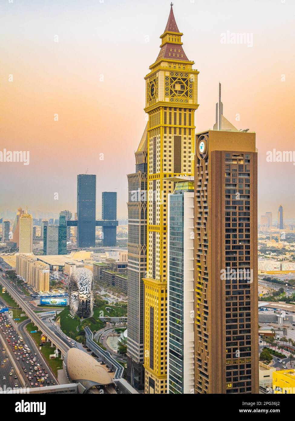 View of Sheikh Zayed Road at sunset in Dubai Downtown Financial center ...