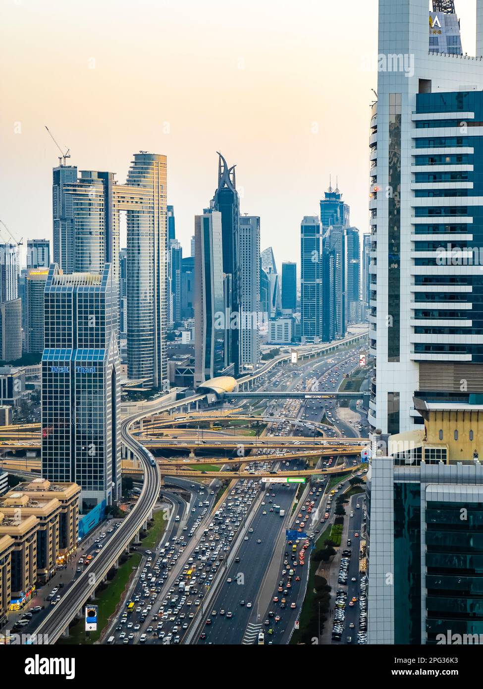 View of Sheikh Zayed Road at sunset in Dubai Downtown Financial center ...